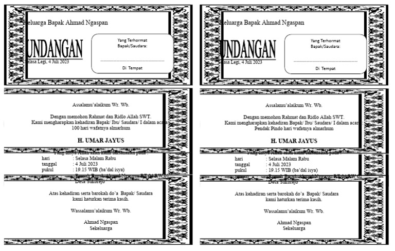 Undangan Tahlil 1 Lembar Jadi 2 Model 2 | PDF