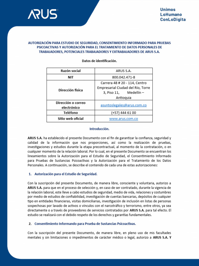 Autorización de Seguridad y Datos en ARUS S.A. | PDF