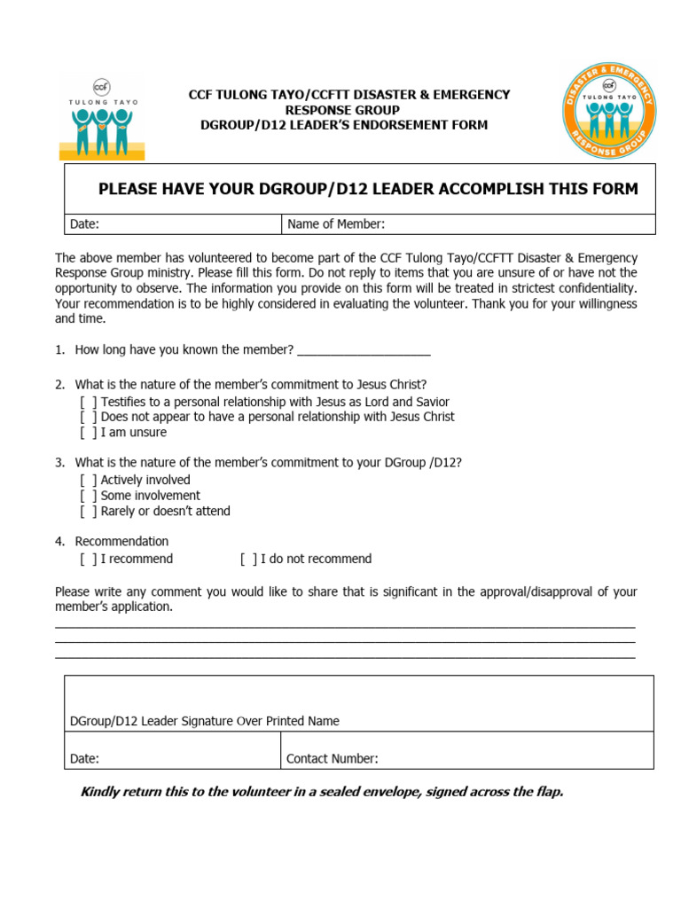 Dgroup Leader Endorsement Form CCFTT | PDF | Career & Growth | Business