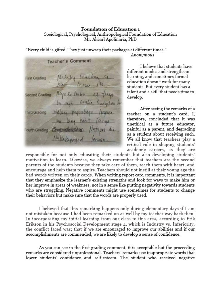 Classwork About Teacher's Remarks | PDF | Motivational | Motivation