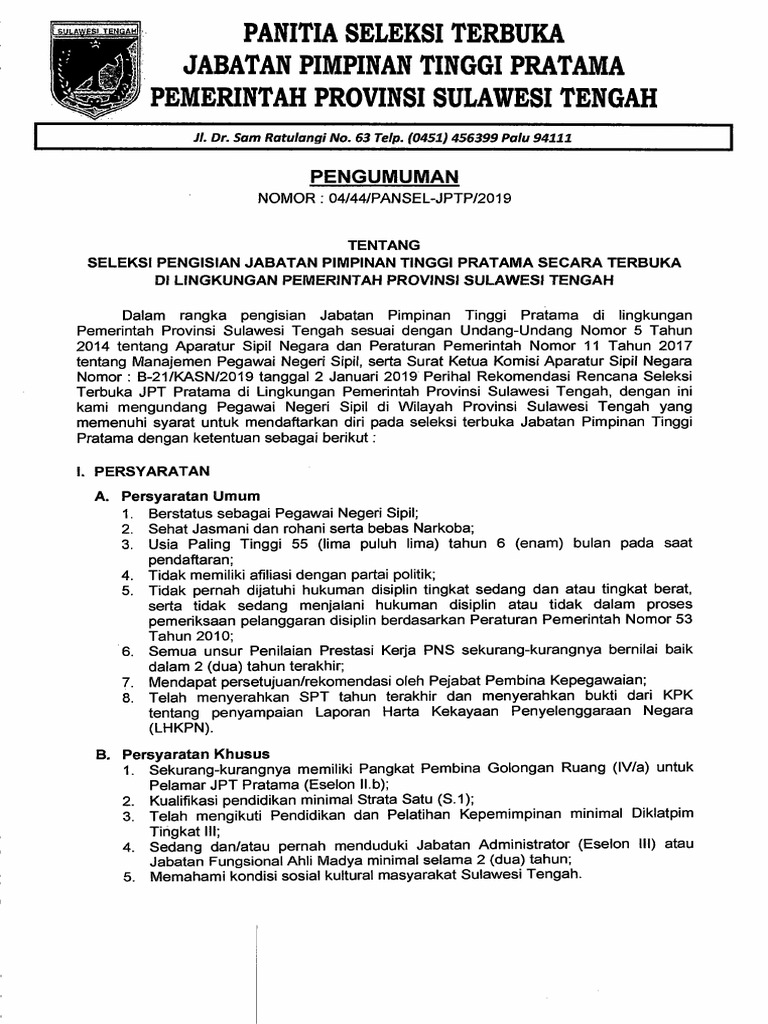 Pengumuman Pansel - JPT Sulteng 2019 | PDF
