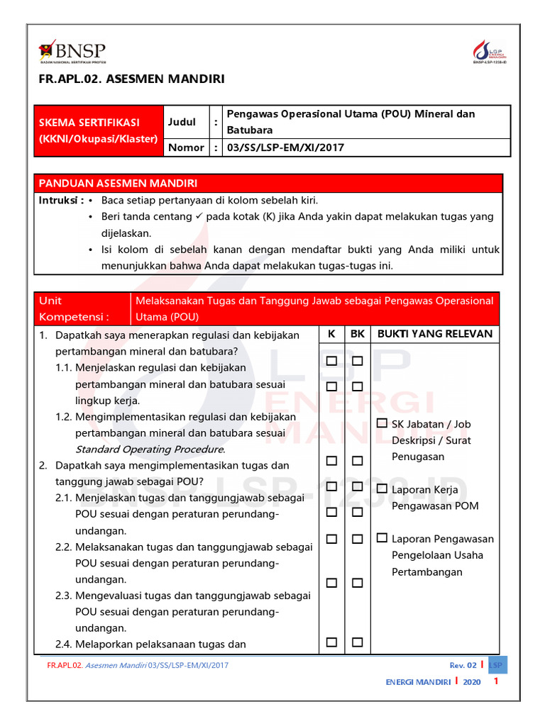 FR - APL.02. Asesmen Mandiri POU | PDF