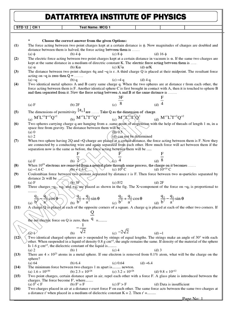 MCQ 1-With Sol | PDF | Force | Electric Charge