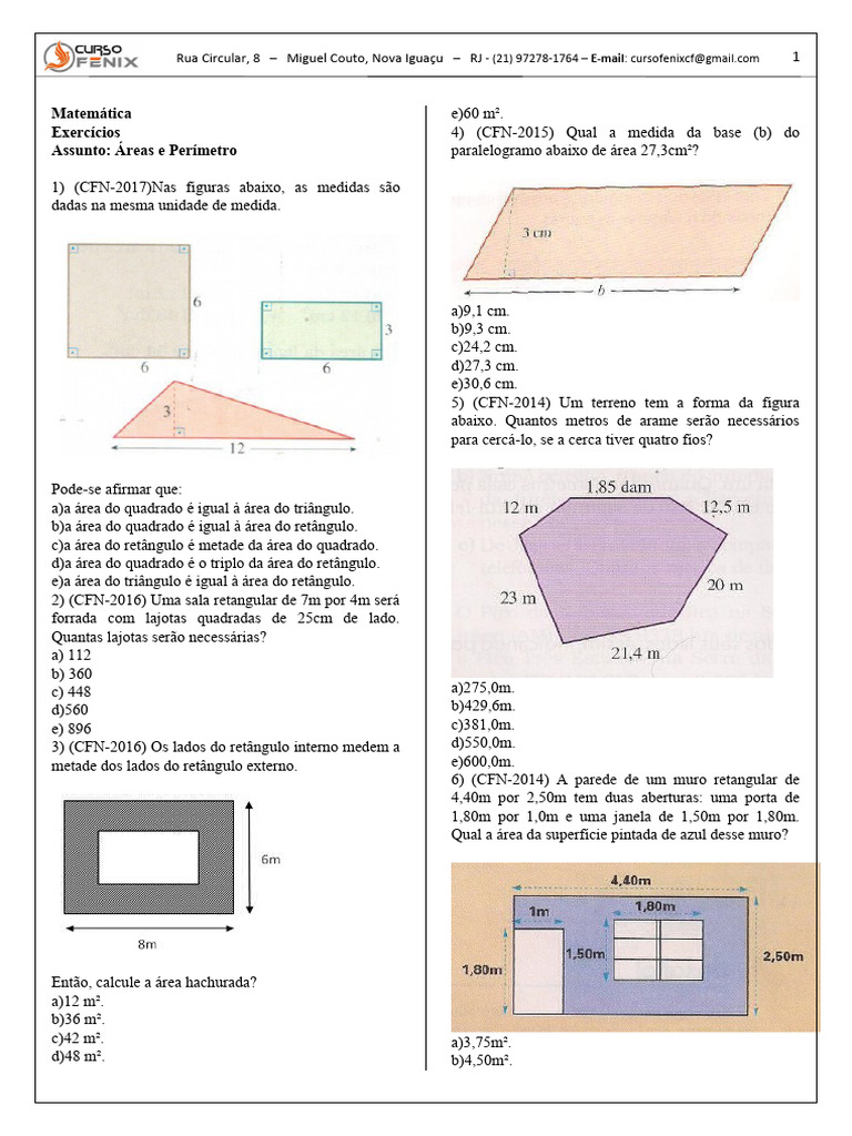 Exercícios de Área e Perímetro 4º Ano | PDF | Polítopo | Formas geométricas