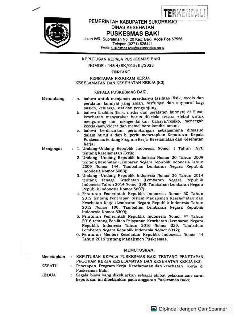 Ditetapkan Petugas Yang Bertanggung Jawab Terhadap K3 Dan Program K3 (SK PROGRAM K3) | PDF