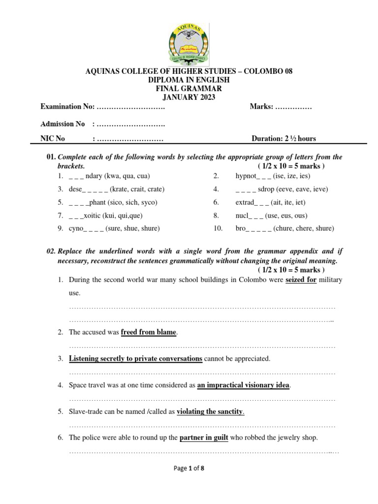 Final Grammar Paper Jan 2023 | PDF | Libraries | University