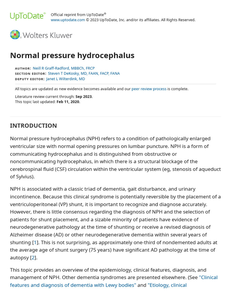 Normal Pressure Hydrocephalus - UpToDate | PDF