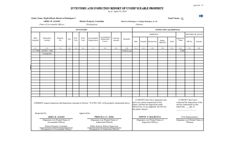 Appendix 74 Inventory and Inspection Report of Unserviceable Property ...