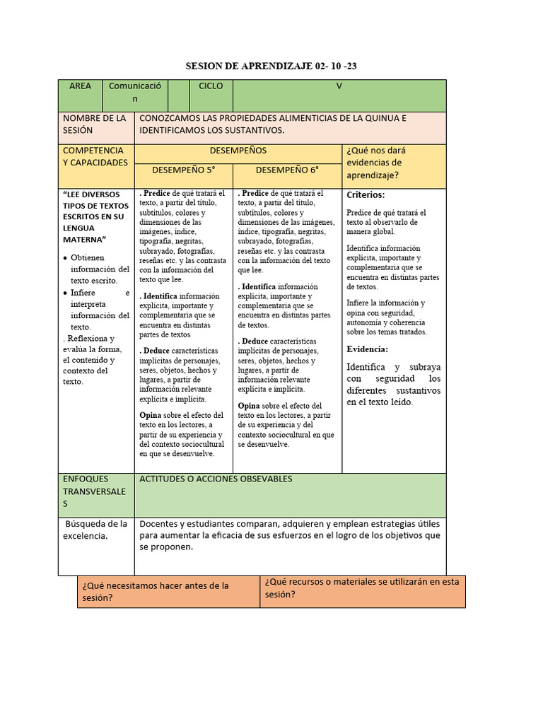 Sesion de Lectura Sobre La Quinua | PDF | Aprendizaje