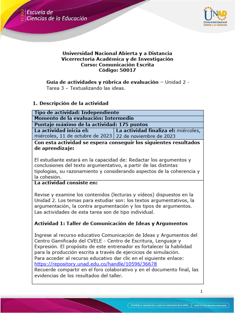 Guía de Actividades y Rúbrica de Evaluación - Unidad 2 - Tarea 3 - Textualizando Las Ideas | PDF