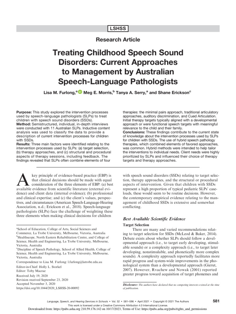 Furlong Et Al 2021 Treating Childhood Speech Sound Disorders Current Approaches To Management by ...