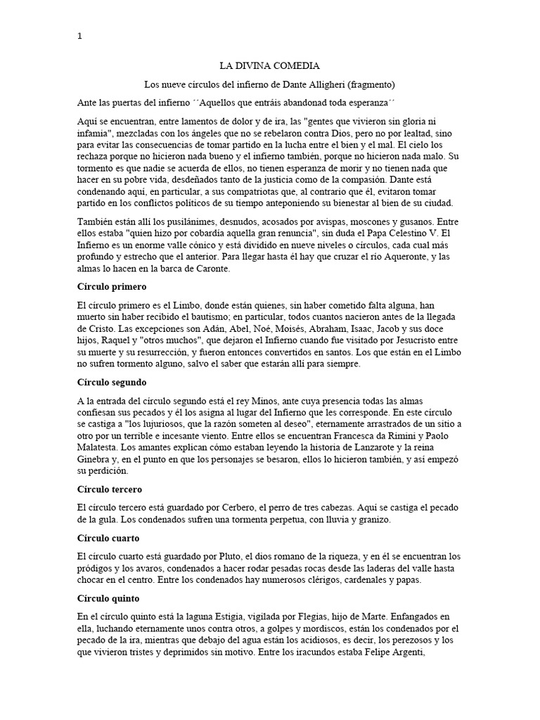 El Infierno de Dante Alligheri (Fragmento) de LA DIVINA COMEDIA | PDF ...