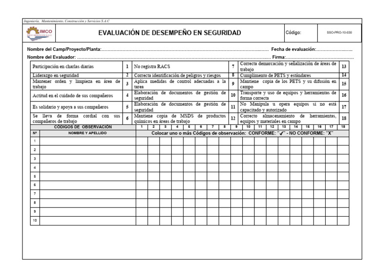 Formato de Evaluacion de Desempeño en Seguridad | PDF