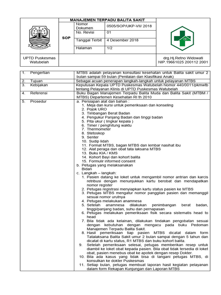 Sop Manajemen Terpadu Balita Sakit (Mtbs | PDF | Sains & Matematika