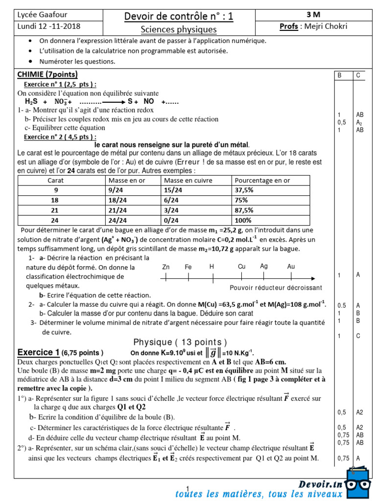 devoir-de-contrôle-n°1--2018-2019 phy 3éme math | PDF
