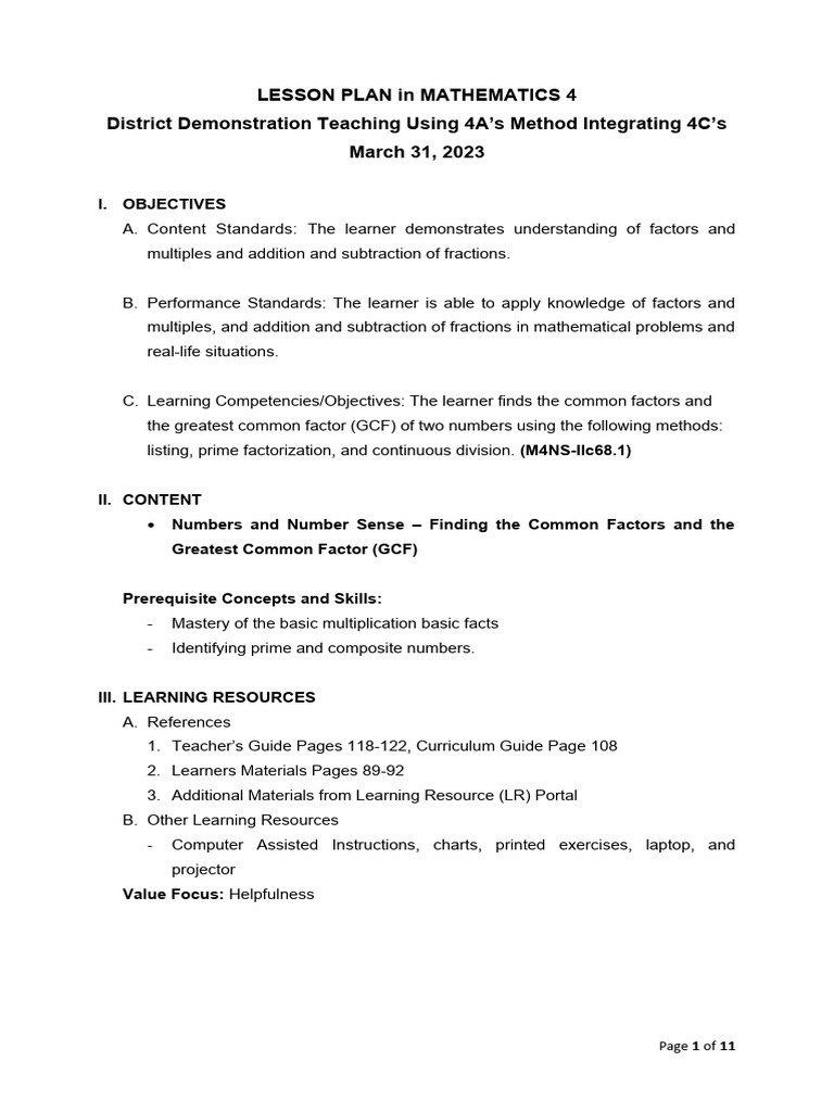 DETAILED LESSON PLAN in MATHEMATICS 4 | PDF | Learning | Cognition