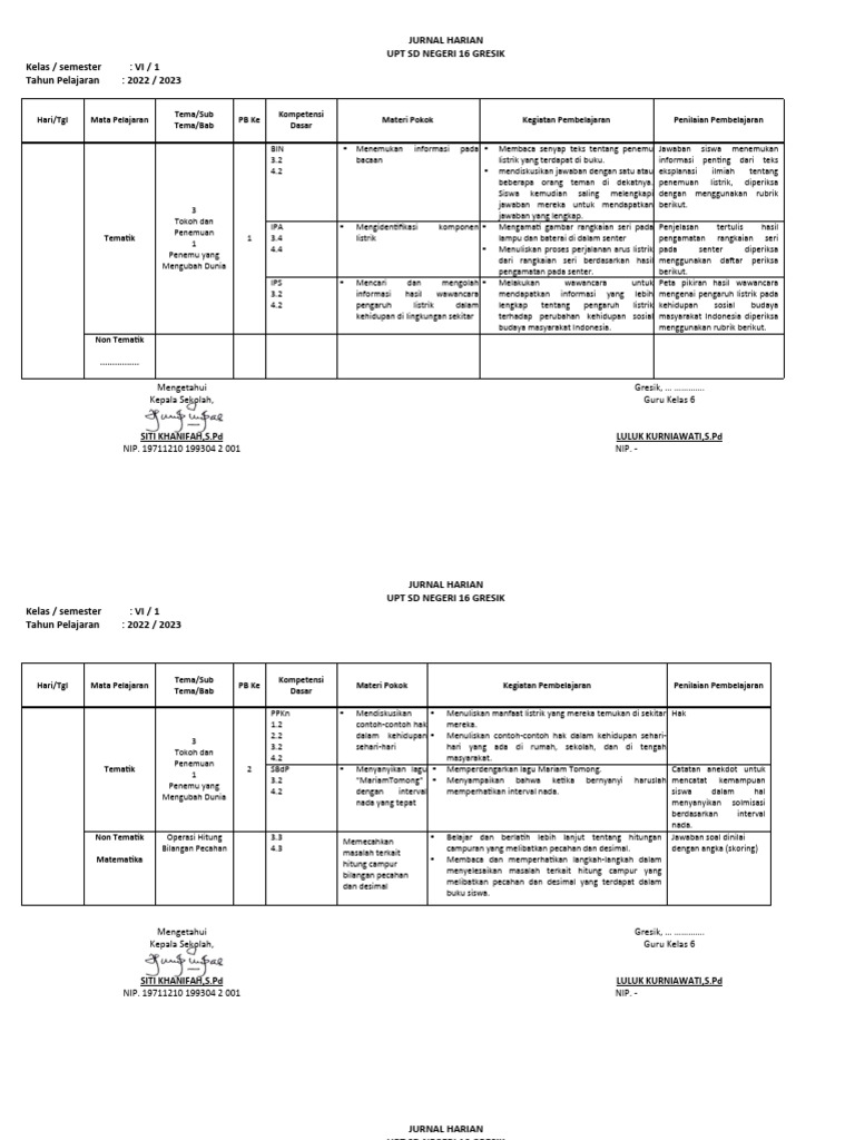 Jurnal Kelas 6 Tema 3 Ok | PDF