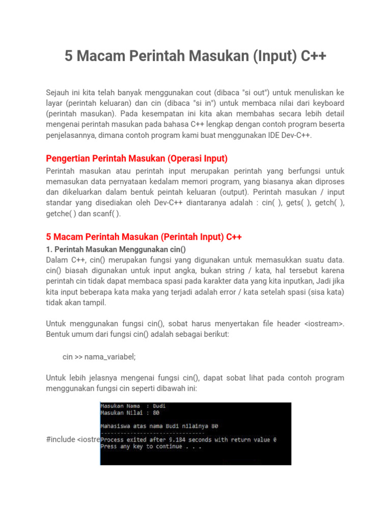 5 Macam Perintah Masukan (Input) C++ | PDF