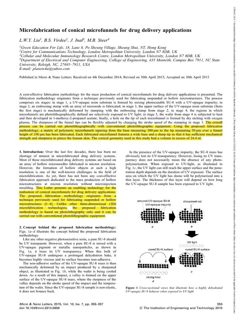 Micro Nano Letters - 2015 - Liu - Microfabrication of Conical ... Micro Nano Letters - 2015 - Liu - Microfabrication of Conical ...