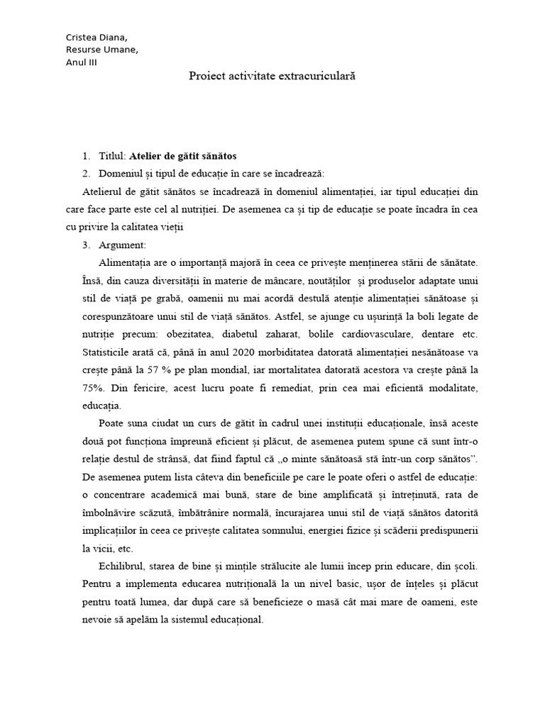 Proiect Activitate Extracurriculară | PDF
