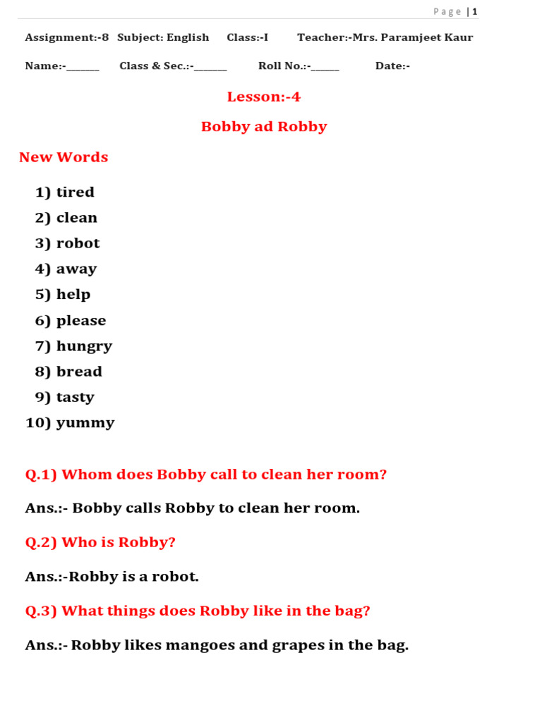 Worksheet 8 - Class-1 English | PDF