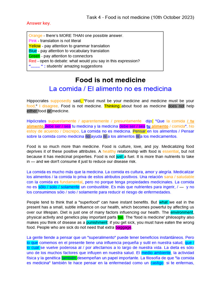 Task 4 - Food Is Not Medicine (Answer Key) | PDF | Wellness