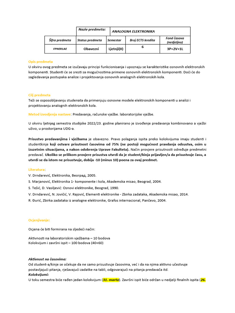 Opis Predmeta: Naziv Predmeta: Analogna Elektronika | PDF