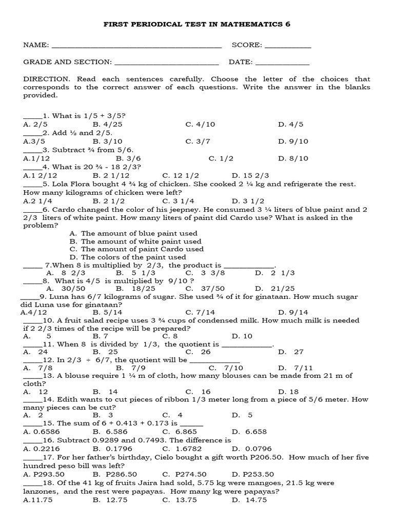 First Periodical Test in Mathematics 6 | PDF
