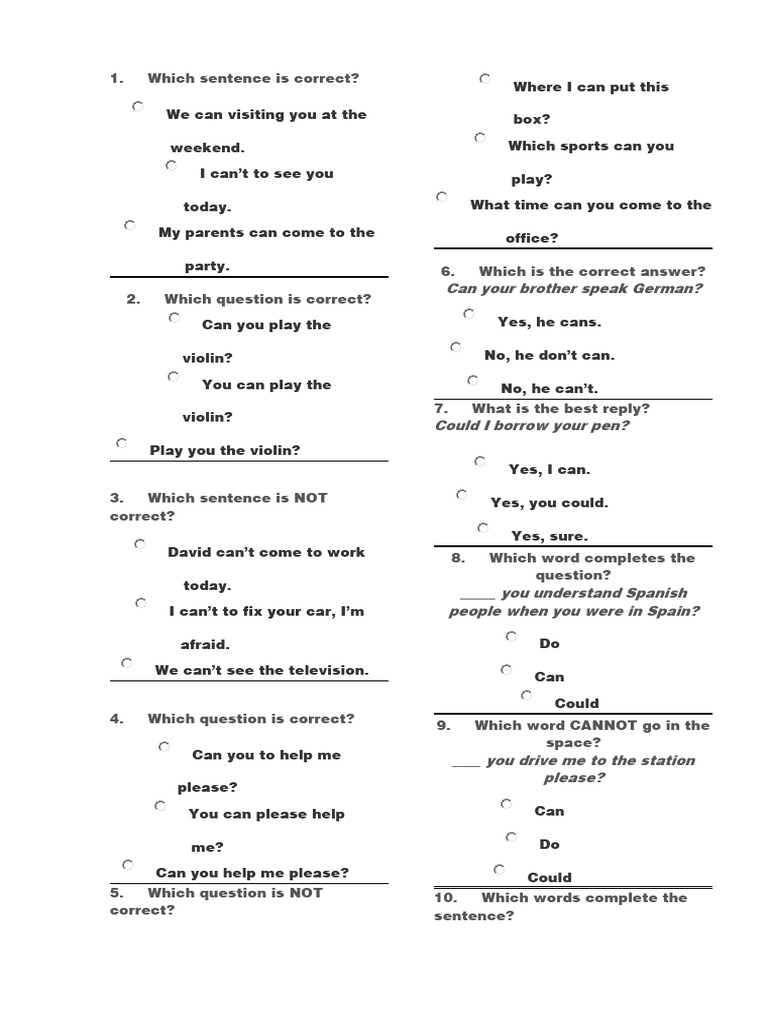 Can Could Test Quiz | Download Free PDF | Linguistics