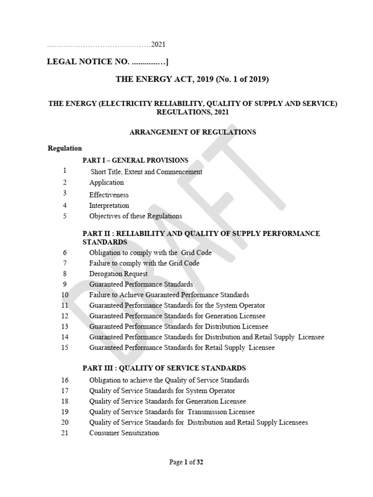 Draft ENERGY ELECTRICITY RELIABILITY QUALITY OF SUPPLY AND SERVICE ...