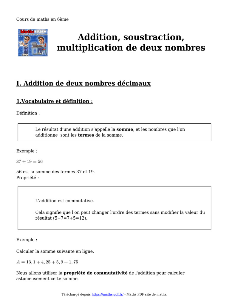 Addition Soustraction Multiplication de Deux Nombres Cours de Maths en ...