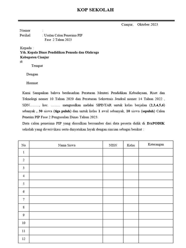 Contoh Surat Usulan Pip Sekolah 2023 | PDF