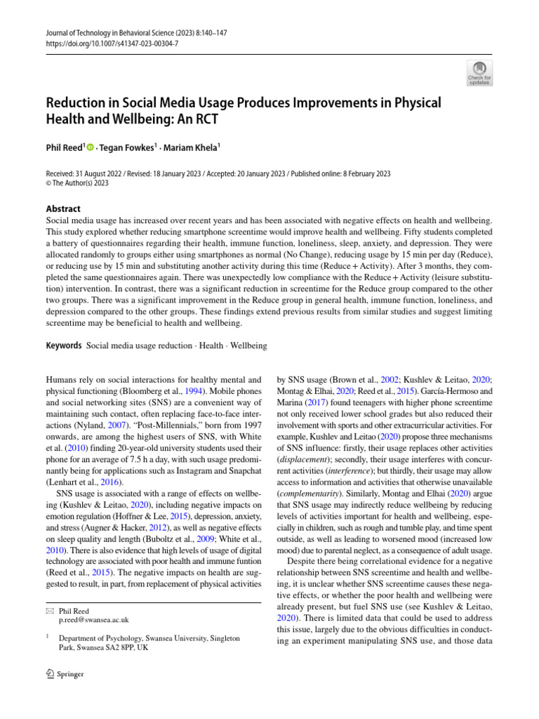 Reduction in Social Media Usage Produces Improvements in Physical ...