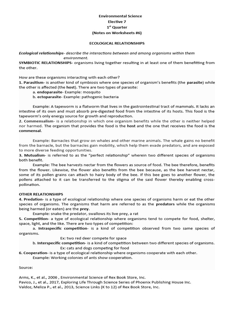 1st Q Worksheet 6 Interactions Between Species | PDF | Parasitism ...
