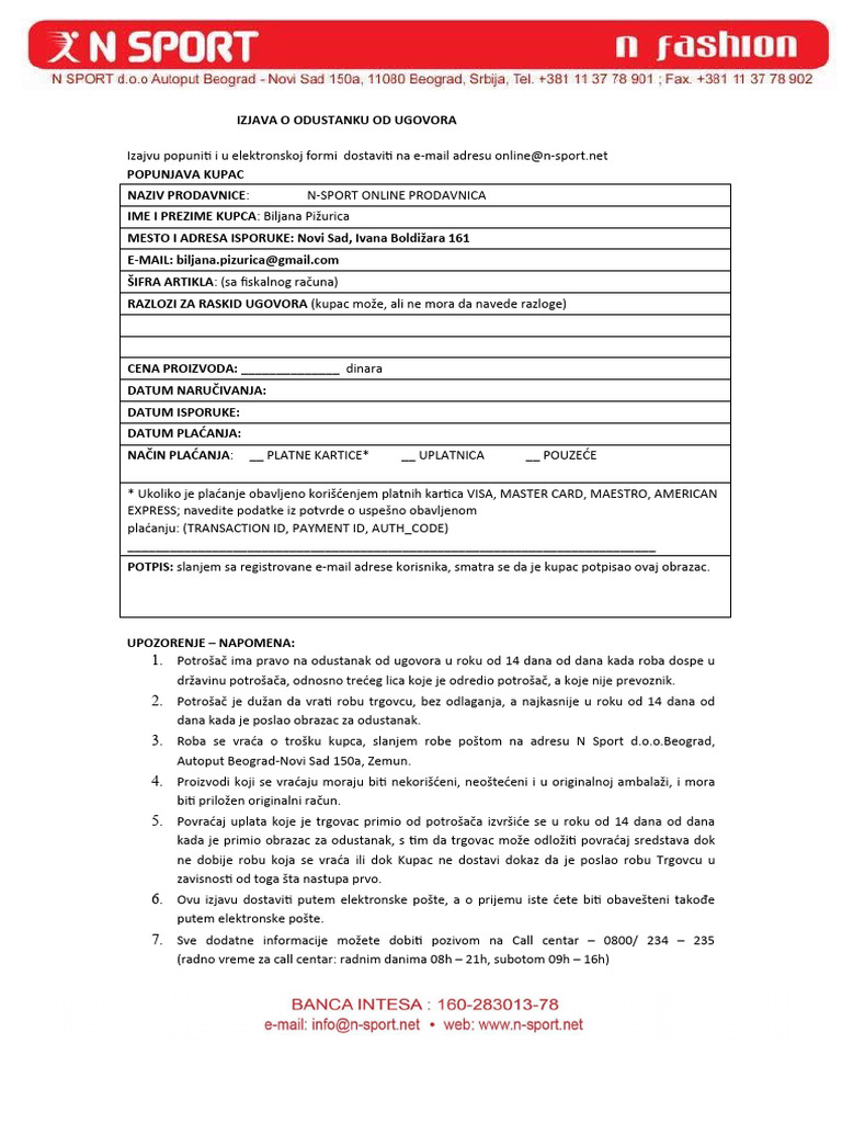 Obrazac Za Odustanak Od Ugovora | PDF