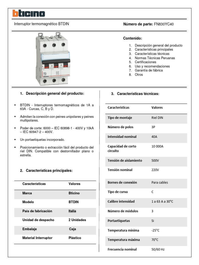 Ficha Técnica Interruptor Termomagnético BTDIN | PDF | Uso eficiente de ...
