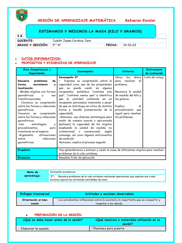 Sesión de Mat. Refuerzo Escolar Estimamos y Medimos La Masa 19-10-23 ...