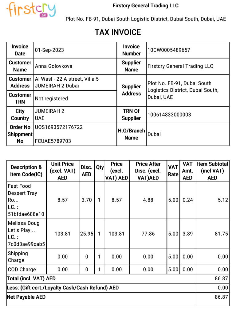 FC Uae 5789703 | PDF | Value Added Tax | Invoice