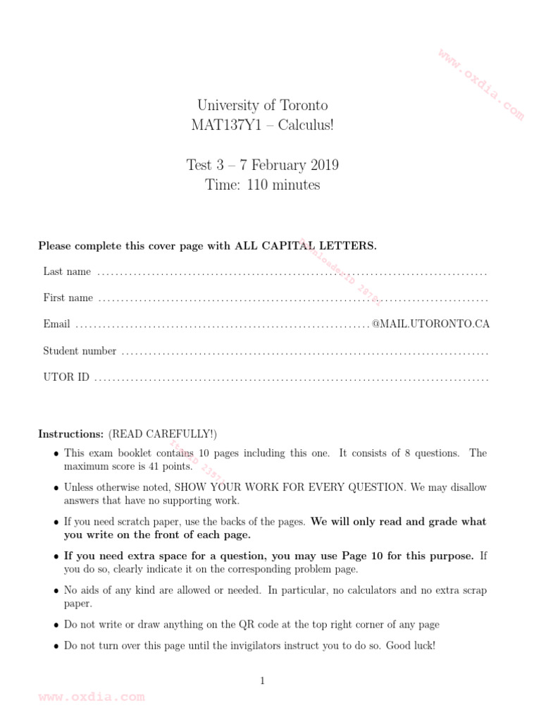 MAT137 Test 3 2019 PDF | PDF