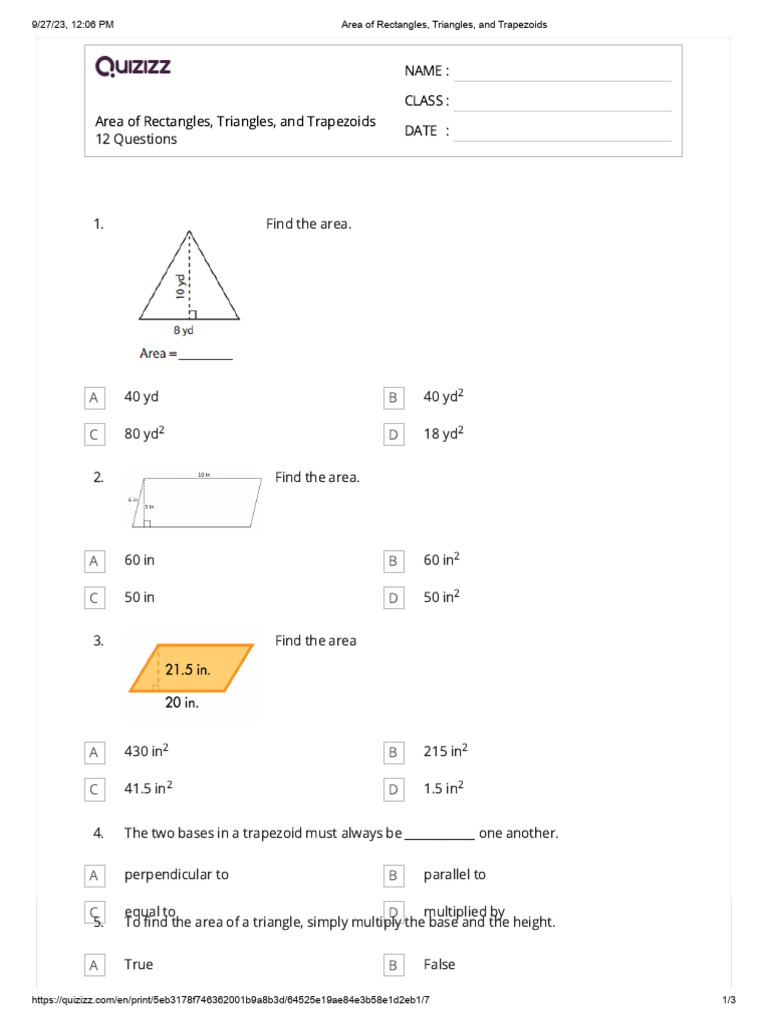 Quizizz - Area of Rectangles, Triangles, and Trapezoids | PDF | Area | Rectangle