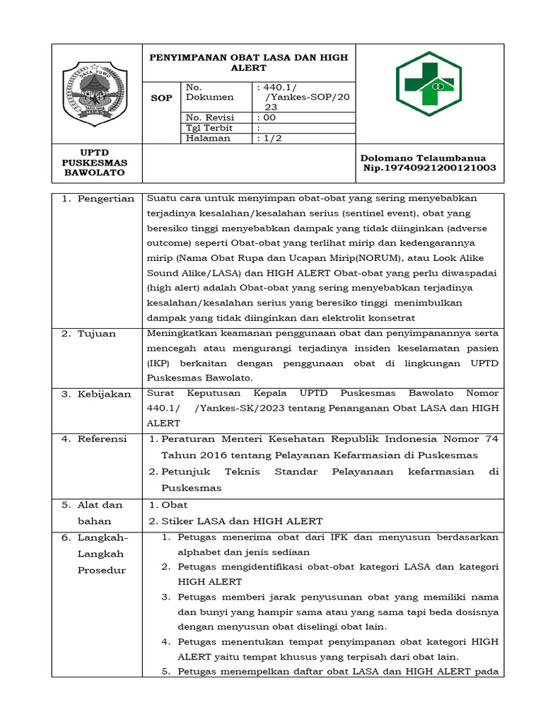 SOP OBAT PENYIMPANAN OBAT LASA Dan HIGH Alert | PDF