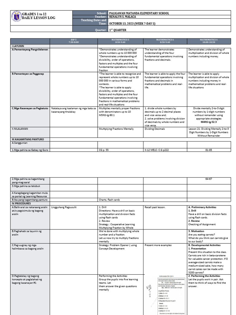 Elementary Math Lesson Plan | PDF | Division (Mathematics ...