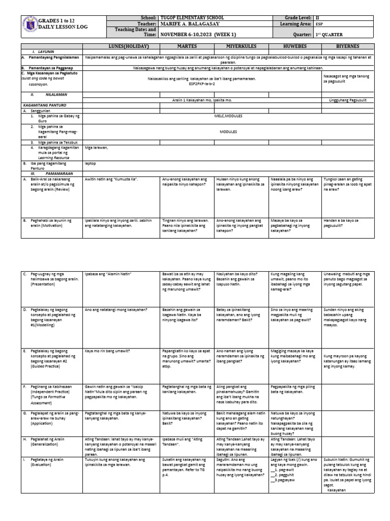 DLL Esp-2 Q1 W1 | PDF