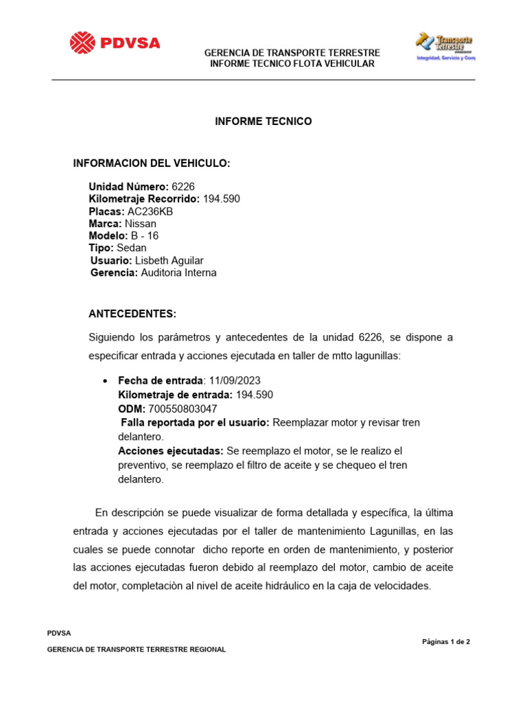 Informe Tecnico | Descargar gratis PDF | Coche | Vehículos