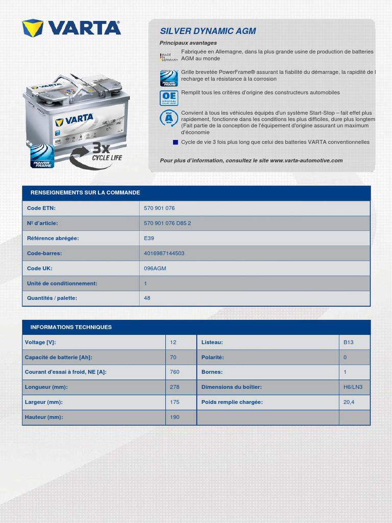 Fiche Technique Varta E39 | PDF