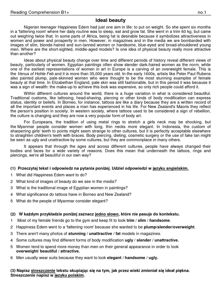 Ideal Beauty: Reading Comprehension B1+ No.1 | PDF | Travel | Lifestyle