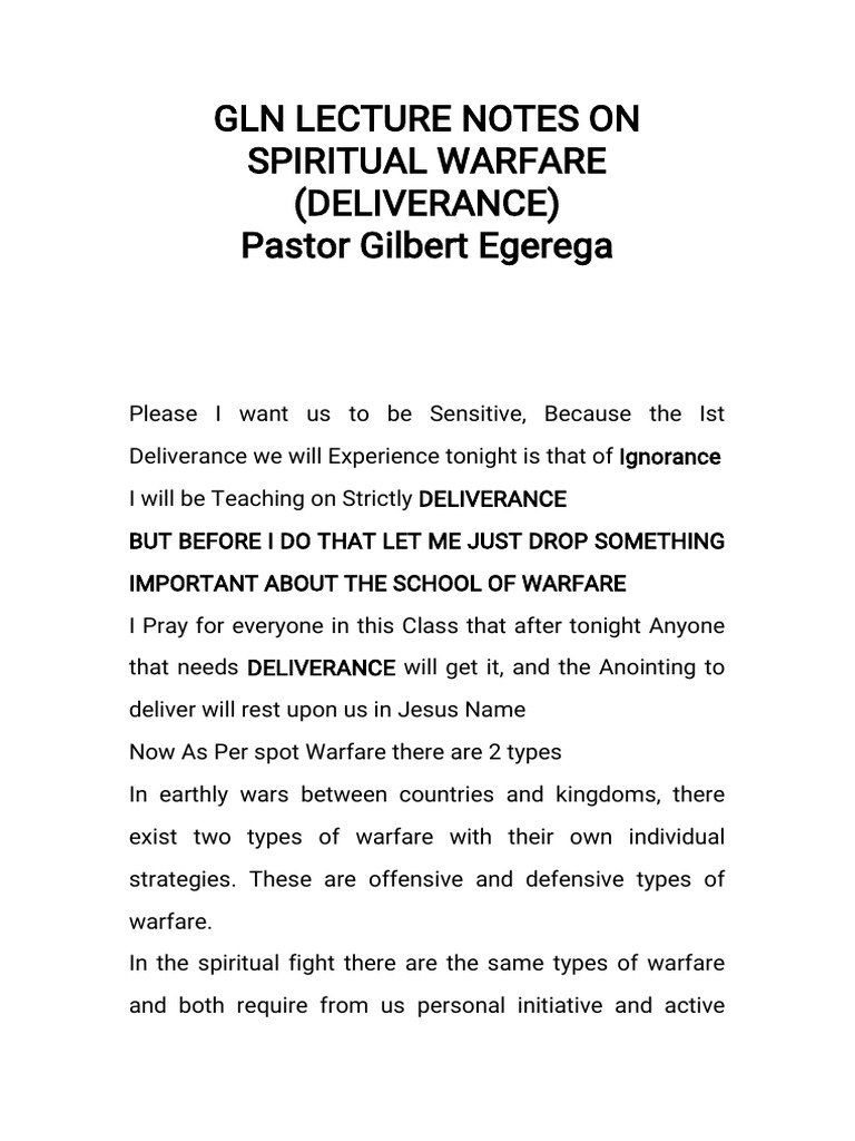 Lecture Notes On Spiritual Warfare (Deliverance) | PDF