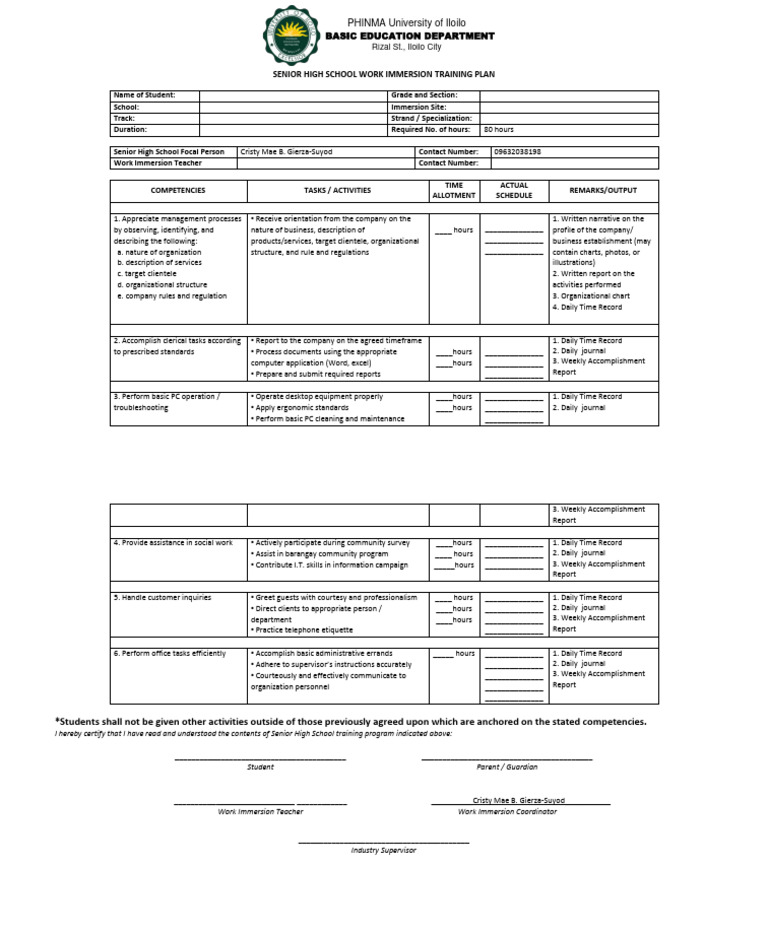 Work - Immersion Training Plan | PDF