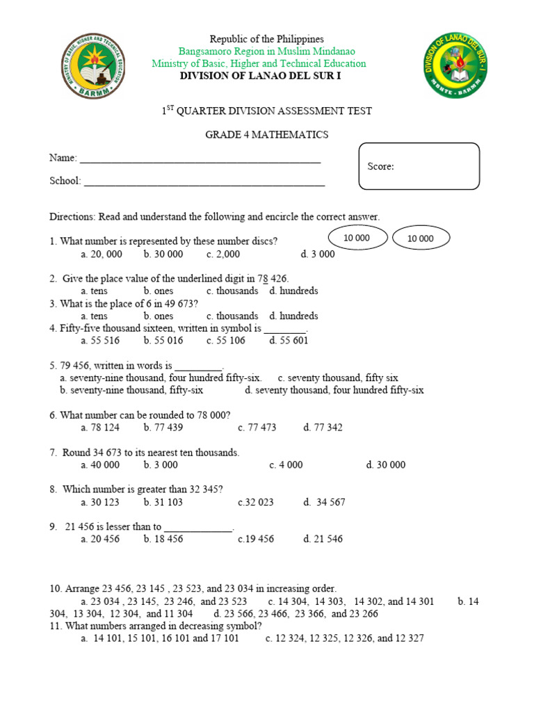 Grade 4 Division Math Assessment Test | PDF | Mathematics