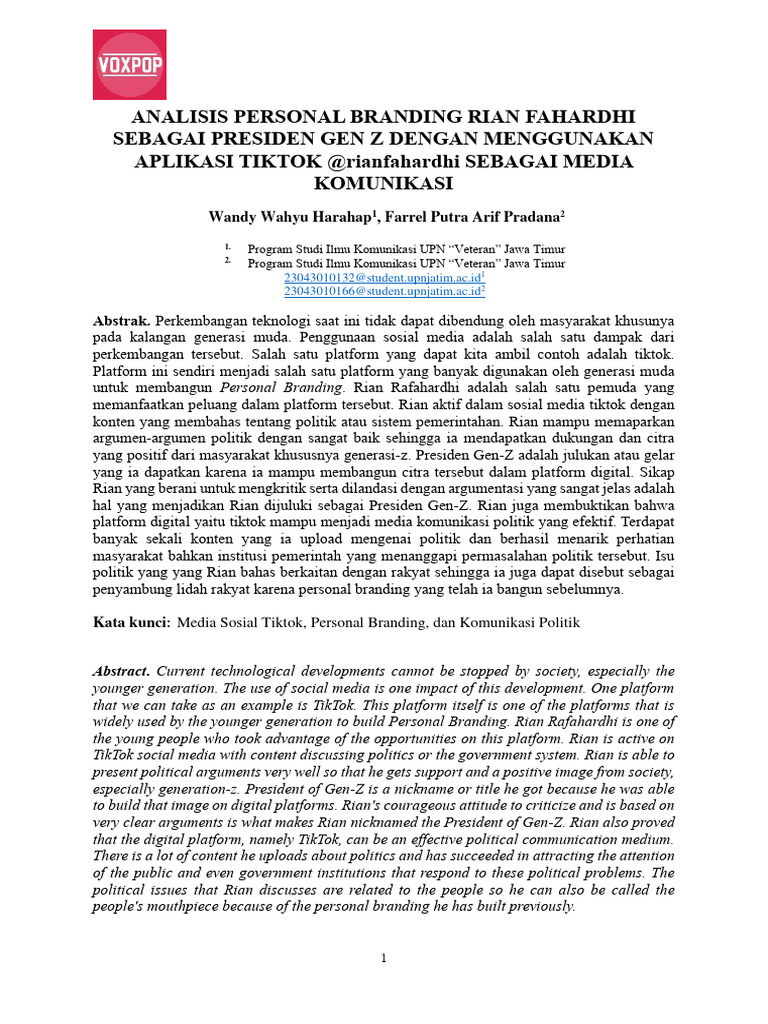 Analisis Personal Branding Rian Fahardhi Sebagai Presiden Gen Z Dengan Menggunakan Aplikasi ...